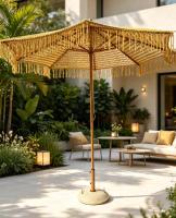 China 9 ft Yellow INS Trend Resort Umbrella Parasol Woven Crochet Umbrella Tassel Macrame Parasol for sale