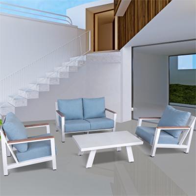 China Outdoor Aluminum Rattan Sofa Set 3 Seater with Tempered Glass Table for Garden Patio for sale