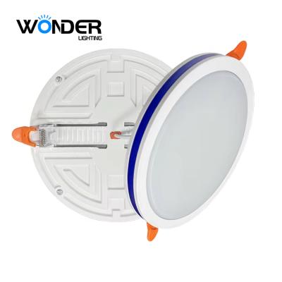 China 3cct Colorful Aluminum Edge Lit Downlight Cri80 PS Diffuser Frameless Backlit Smd2835 Dimmable Free Open Cut Hole 24w 36w 6500K Round Recessed LED Panel Light for sale
