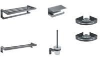 China Gunmetal Gray Aluminum Bathroom Hardware Set 5 Piece Towel Rack Double Towel Bar Toilet Paper Holder Brush Corner Shelf for sale