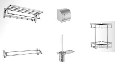 China Glossy Aluminum Bathroom Hardware Set 5-Piece Gunmetal Gray Towel Rack Toilet Paper Holder Corner Shelf for sale