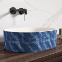 China Mocee Porcelain Ceramic Vessel Sink Art Basin 16x16x5.5 Inch White Blue Abstract Bathroom Vanity for sale