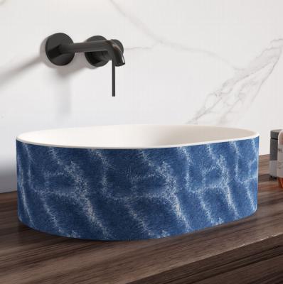 China Mocee Porcelain Ceramic Vessel Sink Art Basin 16x16x5.5 Inch White Blue Abstract Bathroom Vanity for sale