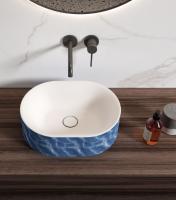 China Mocee Porcelain Ceramic Vessel Sink Art Basin 16x16x5.5 Inch White Blue Abstract Bathroom Vanity for sale