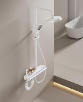 China Four-Function Deluxe Shower Panel Tower System with Rainfall Shower, Body Jets, Hand Spray & Wide Shelf,, 4046 White for sale