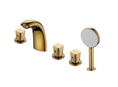 China Luxury Deck Mounted Bathtub Faucet Set with Hand Shower Solid Brass Gold Finish Roman Tub Mixer for sale