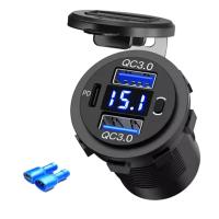 China Waterproof 12V 24V Vehicle Dual QC3.0 + PD USB Charger Socket with Voltage Display Power Outlets for sale