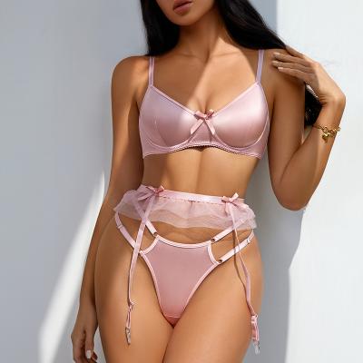 China Women Bra Sexy Girl Three-piece Underwear Set Exquisite Bow S M L Breathable Plus Size Comfortable Briefs Ladies Bra for sale