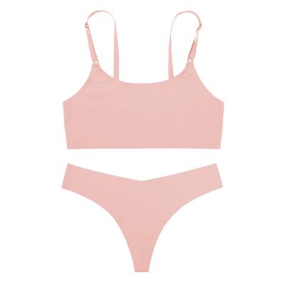 China High Quality Women Seamless Bra Thong Set Wire Free Bra Solid Color Underwear Set for Ladies for sale
