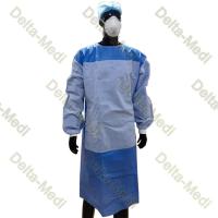 China PP SMS Full Reinforced Disposable Surgical Gown With Velcro On Neck Knitted Cuff for sale