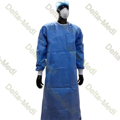 China PP SMS Velcro Neck Knitted Cuff Disposable Surgical Gown Reinforced At Half Sleeves for sale