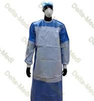 China PP SMS Velcro Neck Knitted Cuff Disposable Surgical Gown Reinforced At Half Sleeves for sale
