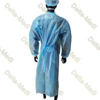 China PP Coated PE Film Disposable Surgical Gown Velcro Collar Knitted Cuff 2 Belts for sale