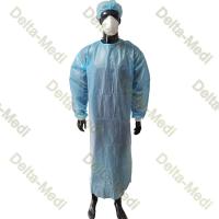 China PP Coated PE Film Disposable Surgical Gown Velcro Collar Knitted Cuff 2 Belts for sale