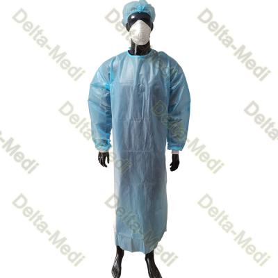 China PP Coated PE Film Disposable Surgical Gown Velcro Collar Knitted Cuff 2 Belts for sale