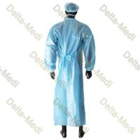 China PP Coated PE Film Disposable Surgical Gown Velcro Collar Knitted Cuff 2 Belts for sale