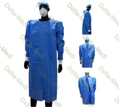 China Sterile PP SMS Disposable Surgery Gowns With Tie On The Back Neck Knitted Cuff for sale