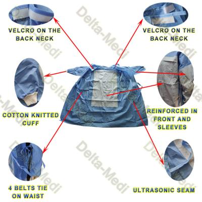 China 45g SMS Reinforced Non Woven Surgical Gown With Hand Towel And Wrap for sale