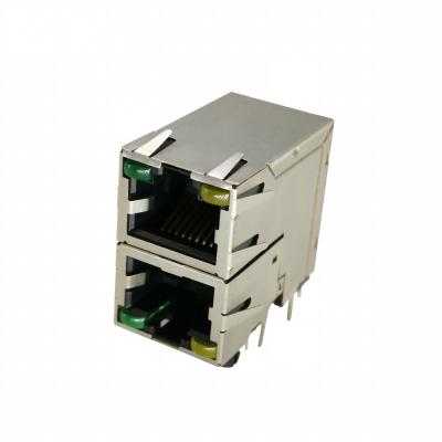 China Double Layer 2-16 Ports RJ45 Modular Connector with LED Light Female Socket Metal Housing Brass Contact for PCB for sale