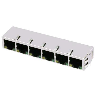 China 1x6 Port Tab Down 100 Base-T Network Modular Jack LEDs Magnetic Ethernet RJ45 Female Connectors for sale