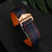 China Eraysun 22mm Black Blue Calf Genuine Adjustable Mens Watch Bands Vintage Replacement Wrist Folding Buckle Leather Watch Bands for sale