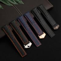 China Eraysun 22mm Black Blue Calf Genuine Adjustable Mens Watch Bands Vintage Replacement Wrist Folding Buckle Leather Watch Bands for sale