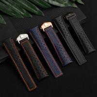 China Eraysun 22mm Black Blue Calf Genuine Adjustable Mens Watch Bands Vintage Replacement Wrist Folding Buckle Leather Watch Bands for sale