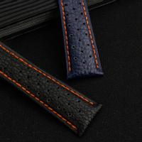 China Eraysun 22mm Black Blue Calf Genuine Adjustable Mens Watch Bands Vintage Replacement Wrist Folding Buckle Leather Watch Bands for sale
