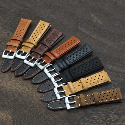 China Eraysun Retro Rally Genuine Calf Leather Watch Strap 18mm 20mm 22mm Grain Perforated Crazy Horse Genuine Leather Watch Strap for sale