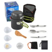 China Outdoor Portable Aluminum Camping Pot Cookware Set Tableware Set with Grey Green Handle for sale