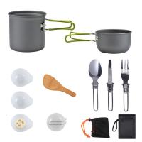 China Outdoor Portable Aluminum Camping Pot Cookware Set Tableware Set with Grey Green Handle for sale