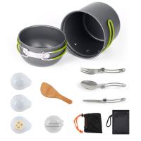 China Outdoor Portable Aluminum Camping Pot Cookware Set Tableware Set with Grey Green Handle for sale