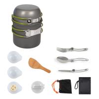China Outdoor Portable Aluminum Camping Pot Cookware Set Tableware Set with Grey Green Handle for sale