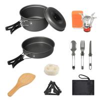 China Aluminum Alloy Camping Cookware Mess Kit with Wood Spoon Accessories and Backpacking Stove for sale
