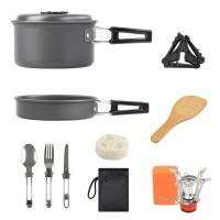 China Aluminum Alloy Camping Cookware Mess Kit with Wood Spoon Accessories and Backpacking Stove for sale