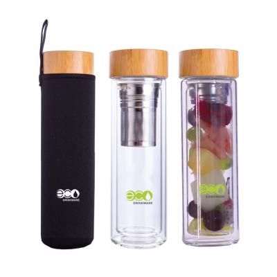 China Outdoor Double Wall Glass Water Bottle With Tea Filter Transparent Color for sale