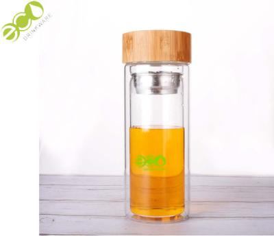 China Customized Logo BPA Free Tea Double Wall Glass Bamboo Lid Drinking Bottle for sale