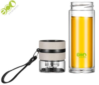 China Safety Double Wall Glass Bottle With Tea Strainer Tea Infuser Basket And Brush for sale