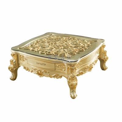China Wooden Gold Carved Luxury Glass Coffee Table for sale
