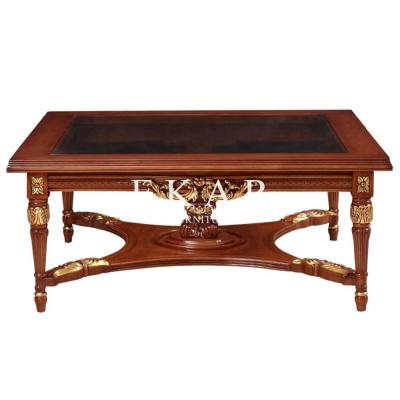 China Retro Square Antique Luxury Carved Glass And Wood Coffee Table LS-A105J for sale