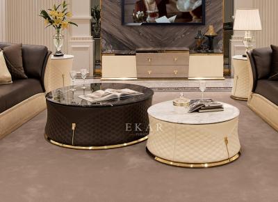 China Black And White Leather Marble Top Round Coffee Table W002H2 for sale