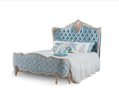 China Antique Soild Ash Wood Luxury Carved Upholstered Fabric Royal King Size Bed for sale