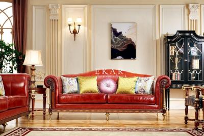 China 6 Seater Royal Classic Wooden Frame Living Room Red Leather Sofa Set for sale