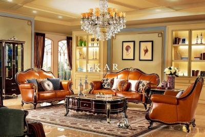 China Wooden Frame Leather Recliner Royal Sofa Set With Simple Carving for sale