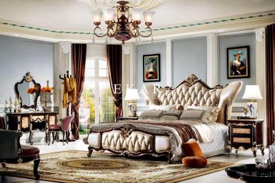China Luxury Antique European Design Upholstered Leather Wooden Carving King Size Bed for sale