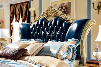 China Luxury Classic Design Wooden Carved Upholstered Leather King Size Bed for sale