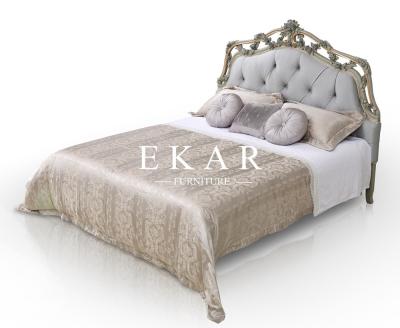 China French Style Blue Fabric Leather Headboard Hand Carved Luxury Antique Bed for sale