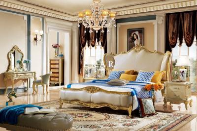 China Luxury European Design Wooden Upholstered Leather Carved Antique King Size Bed for sale