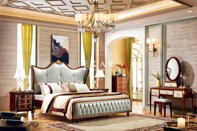 China Classic Luxury Wooden Frame Upholstered Leather Antique King Size Bed for sale