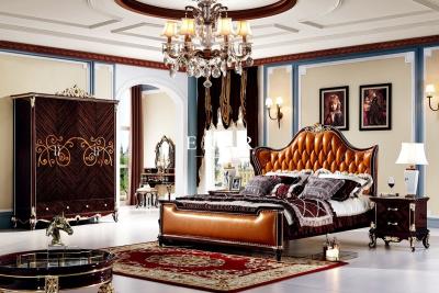 China Antique Wooden Design Classic Luxury Upholstered Leather King Size Bed for sale